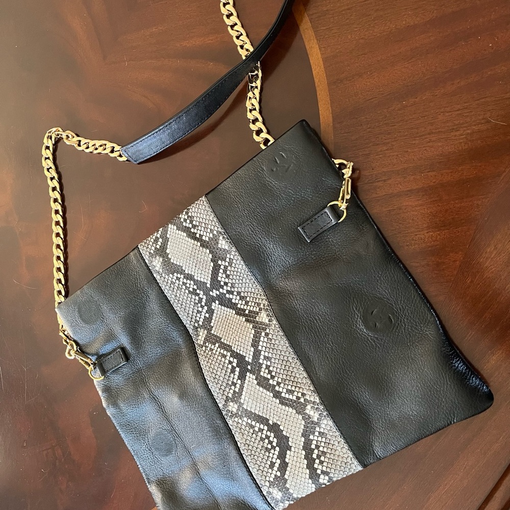 Taxidermy Black Leather Clutch With Python And Gold A… - Gem
